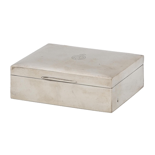 An Elizabeth II silver cigarette box, crested, cedar lined, 11.5cm l ...