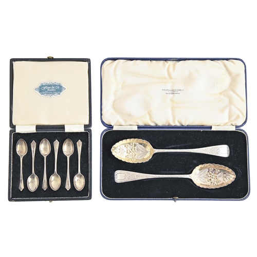 A pair of Victorian silvery berry spoons, bowls gilt, by John Round ...