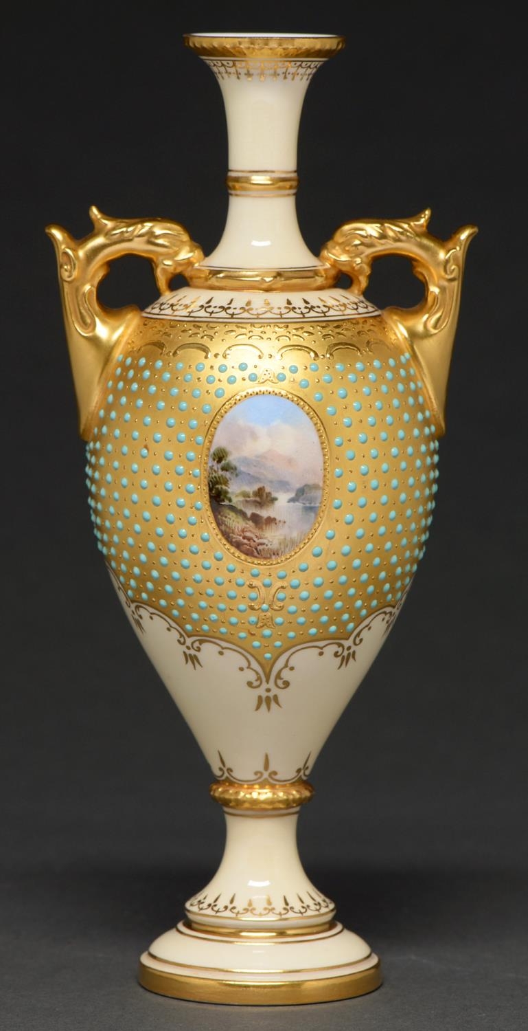 A Coalport jewelled vase, c1910, painted with an oval landscape ...