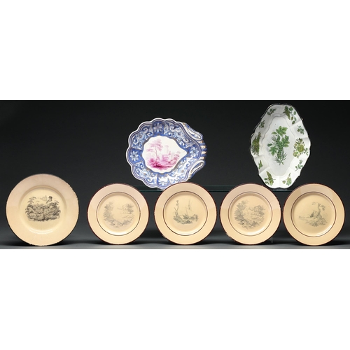 Five Don Pottery Drabware plates, c1810, with landscape bat prints and ...