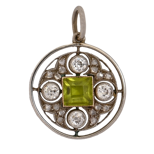 A peridot and diamond pendant, early 20th c, millegrain set, in ...