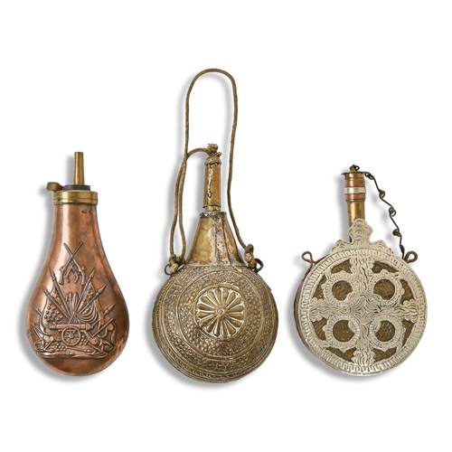 A North African brass and silvered metal powder flask, 19th c, a ...