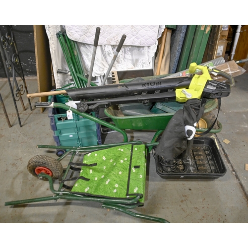 Miscellaneous garden tools, including a Ryobi brushless garden vacuum ...
