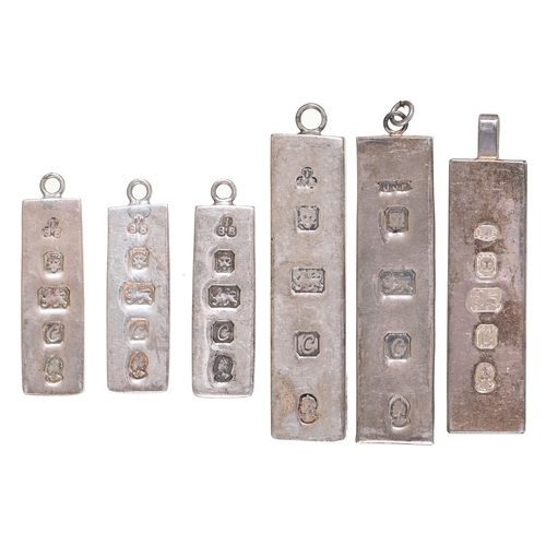 Six silver ingot pendants, various sizes, all London 1977, 5oz 3dwt
