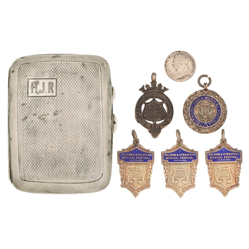 Four silver and blue enamel prize watch fob shields, another, a ...