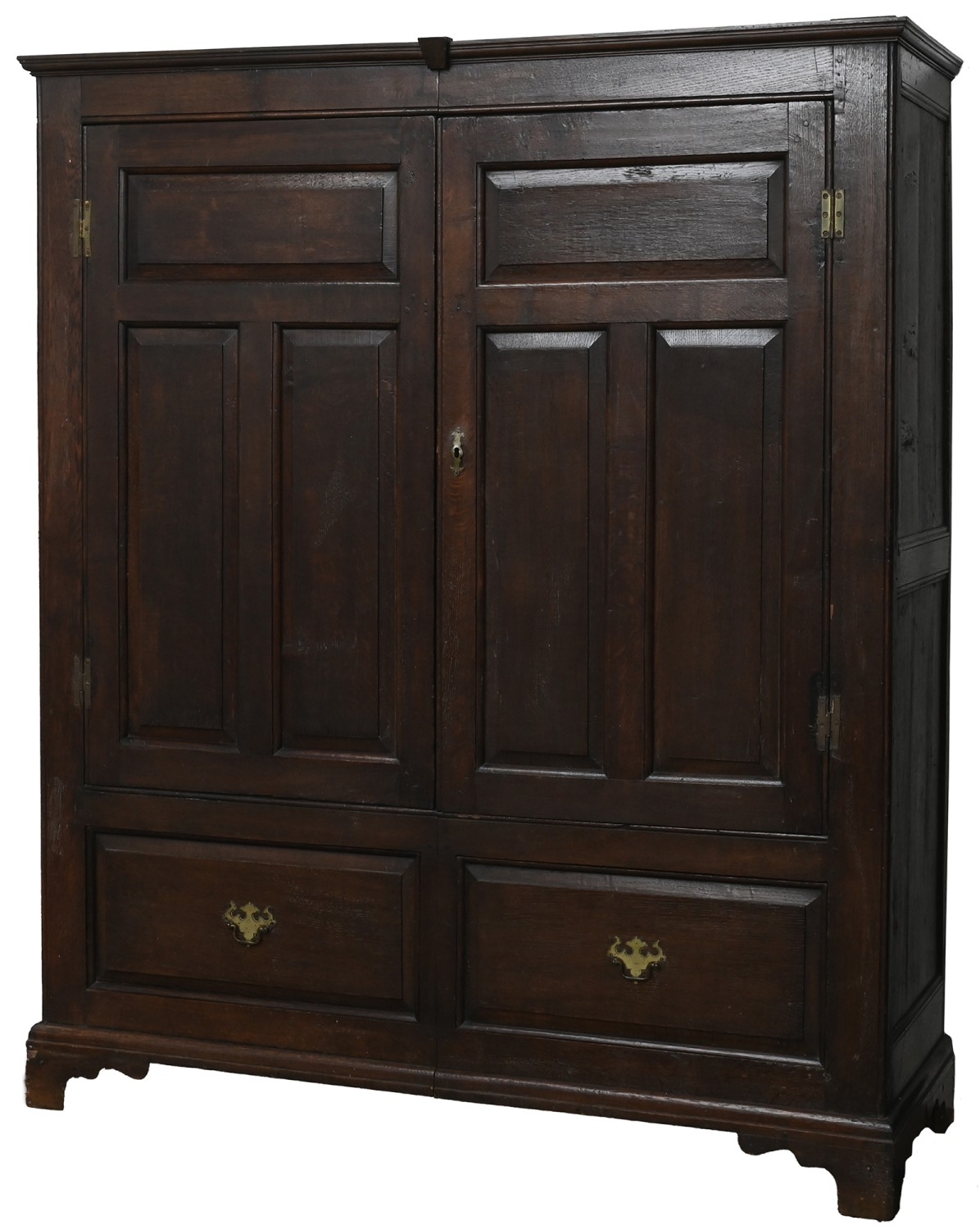 A George III joined oak press, the moulded cornice with ‘keystone ...
