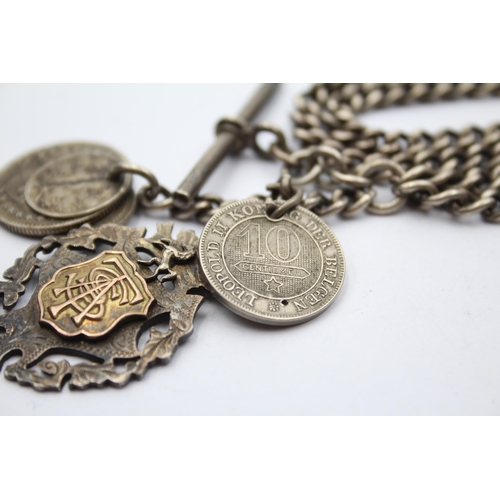 .925 Antique Watch Chain With Coins And Shield Fob (71g)