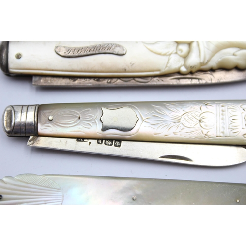 3 x Antique Hallmarked .925 STERLING SILVER Knives w/ MOP Handle (82g)
