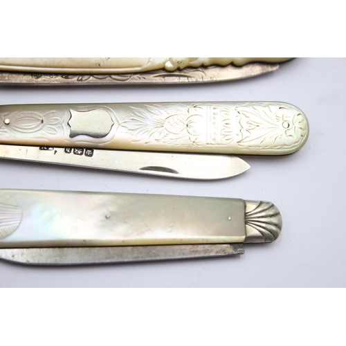 3 x Antique Hallmarked .925 STERLING SILVER Knives w/ MOP Handle (82g)