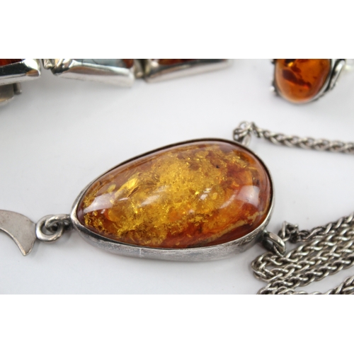 Collection Of Sterling Silver Amber Jewellery inc. Baltic x 3 85g