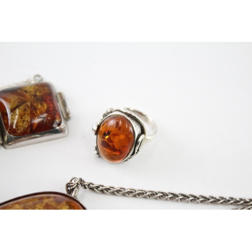 Collection Of Sterling Silver Amber Jewellery inc. Baltic x 3 85g
