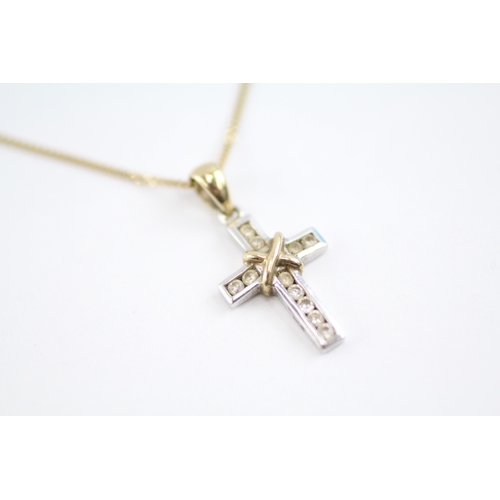 9ct two tone gold channel set diamond cross pendant necklace (4g)