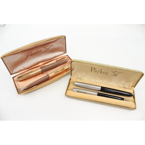 2 x Vintage Parker 51 Fountain Pen Sets w/ 14ct Gold Nibs, Pencils ...