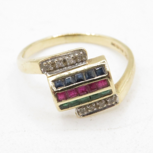 9ct gold emerald, ruby, diamond and sapphire geometric ring (2.5g) Size O