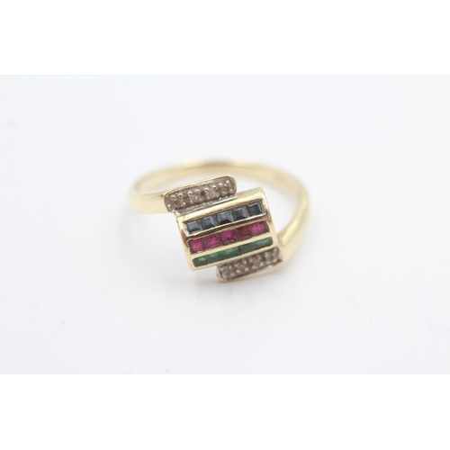 9ct gold emerald, ruby, diamond and sapphire geometric ring (2.5g) Size O