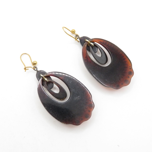 Pair of Antique Tortoiseshell Pique Drop Earrings w/ Gold Inlay 9g