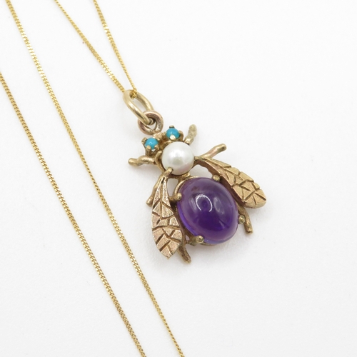 9ct gold amethyst, turquoise and cultured pearl fly pendant on chain (2.6g)