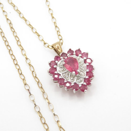 9ct gold ruby diamond heart pendant necklace (2.9g)