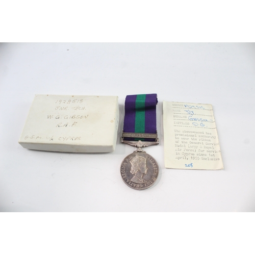 Boxed ER II GSM Cyprus & Award Note Named- 1929518 Jnr Tech W.G Gibson RAF