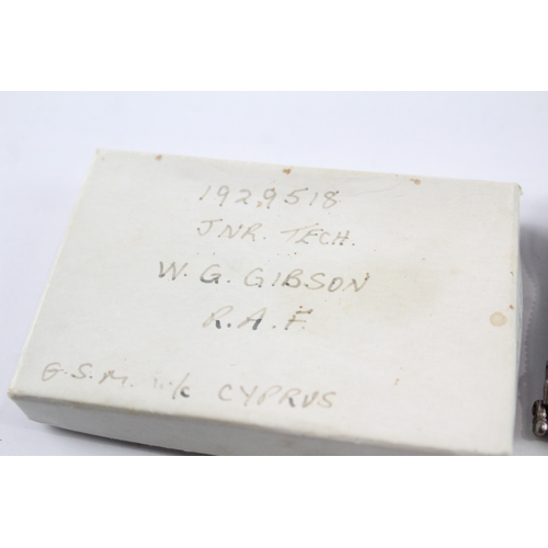 Boxed ER II GSM Cyprus & Award Note Named- 1929518 Jnr Tech W.G Gibson RAF