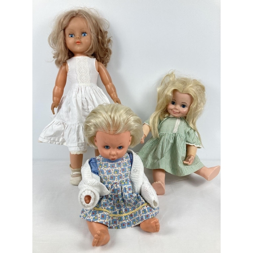 3 vintage vinyl dolls. An 18 1970 Crumpet doll By Kenner Products with pull cord not working a D