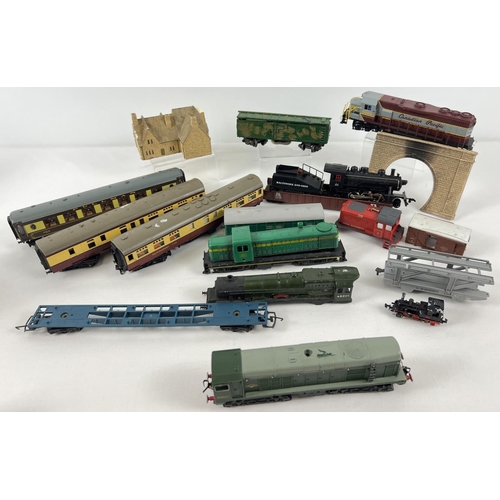 A box of assorted model railway locos, coaches, parts and accessories ...