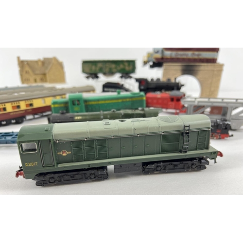 A box of assorted model railway locos, coaches, parts and accessories ...