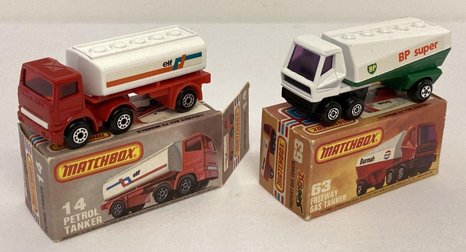 2 boxed Matchbox 75 diecast tankers, #14 Leyland Petrol Tanker together ...