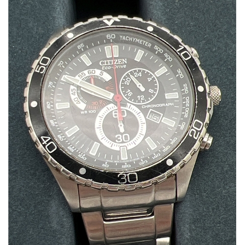 A boxed Citizens Eco-Drive H500 series chronograph watch. Stainless ...