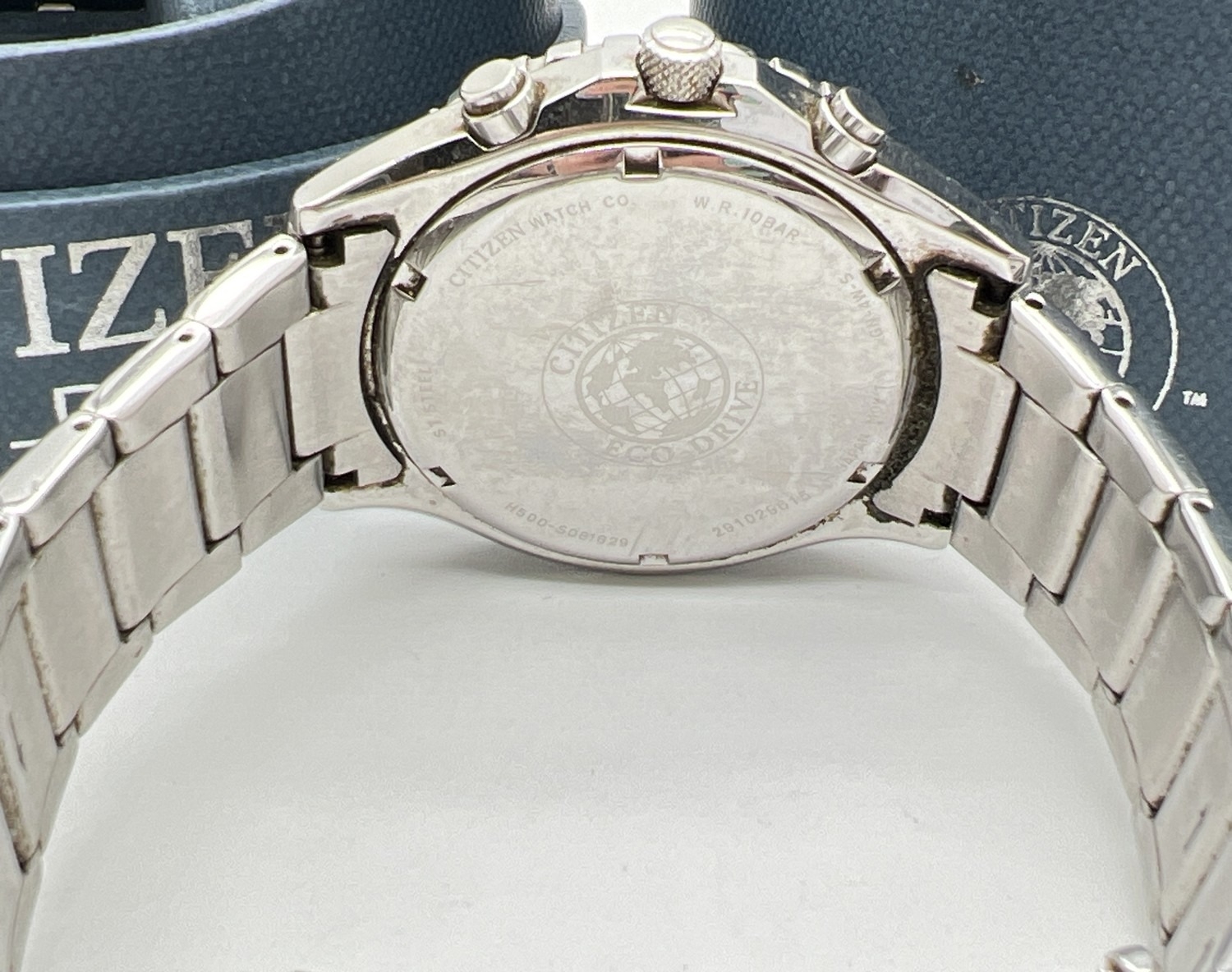 A boxed Citizens Eco-Drive H500 series chronograph watch. Stainless ...