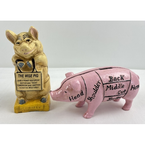 2 painted cast iron pig shaped money boxes. A Wise Pig Thrifty bank ...