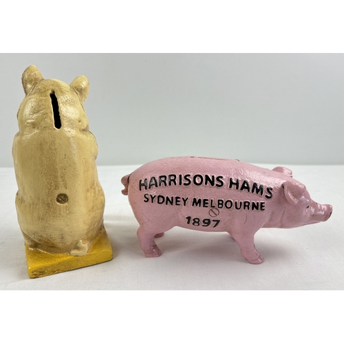 2 painted cast iron pig shaped money boxes. A Wise Pig Thrifty bank ...
