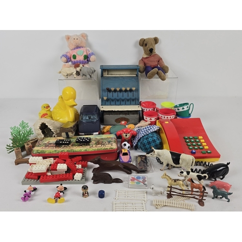 A tub of assorted vintage toys to include a 1960's Codeg shop cash ...