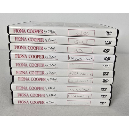 10 assorted Fiona Cooper adult erotic DVD's in hard plastic cases, each marked with names or catalog
