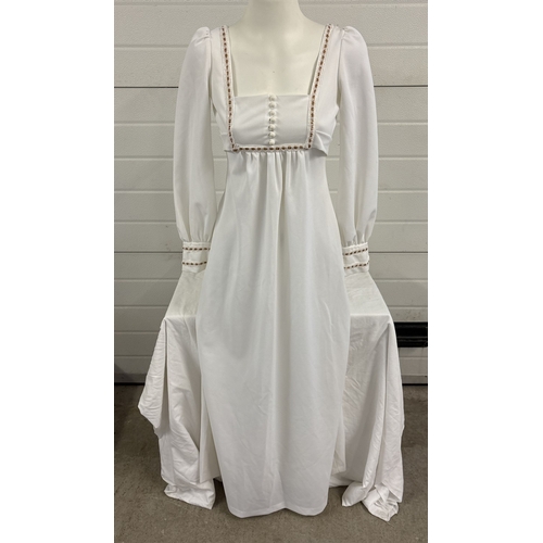 A 1970's white long sleeve polyester Crimplene maxi dress with tie back ...