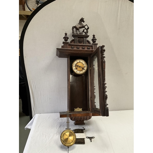 VICTORIAN SPRING VIENNA WALL CLOCK COMPLETE WITH HORSE KEY AND PENDULUM ...