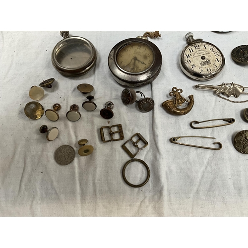 QTY OF POCKET WATCHES, BUTTONS, BROOCHES, CLOTHES BRUSH ETC