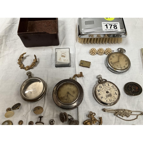 QTY OF POCKET WATCHES, BUTTONS, BROOCHES, CLOTHES BRUSH ETC