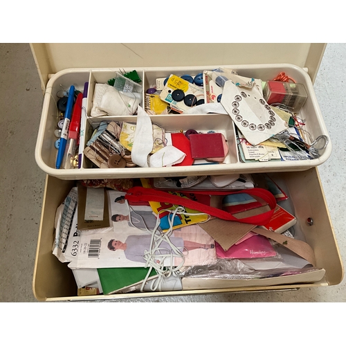 A BOX, THREE SEWING BOXES AND CRAFTING DRAWERS OF VARIOUS SEWING ITEMS ...