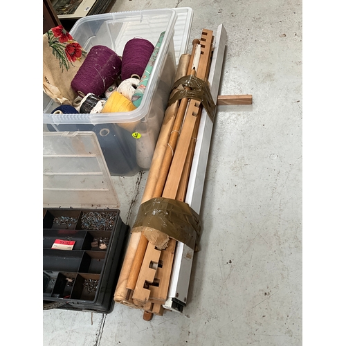 CRATE OF WOOL AND TAPESTRY STANDS