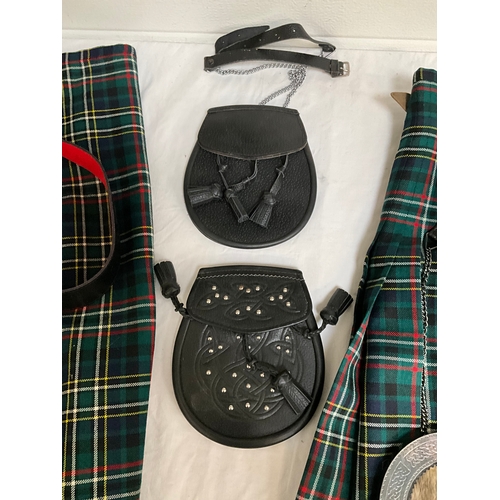 THREE KILTS BY HECTOR RUSSELL, FOUR JACKETS, FIVE SPORRANS, BELTS ...