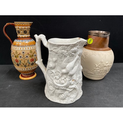 TURNER POTTERY DECORATED JUG, WHITE DECORATED JUG A/F AND A MEITLACH ...