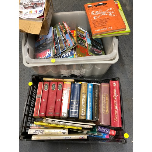 CRATE OF CAR MAGAZINES AND MANUALS AND A BOX OF BOOKS