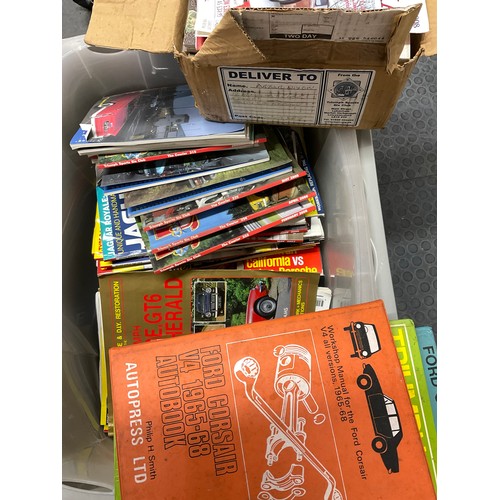 CRATE OF CAR MAGAZINES AND MANUALS AND A BOX OF BOOKS
