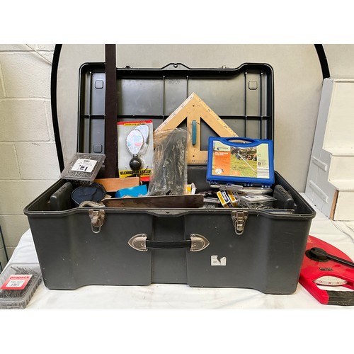 LARGE PLASTIC CARRYING CASE FULL OF TOOLS TO INCLUDE TAPE MEASURES ...