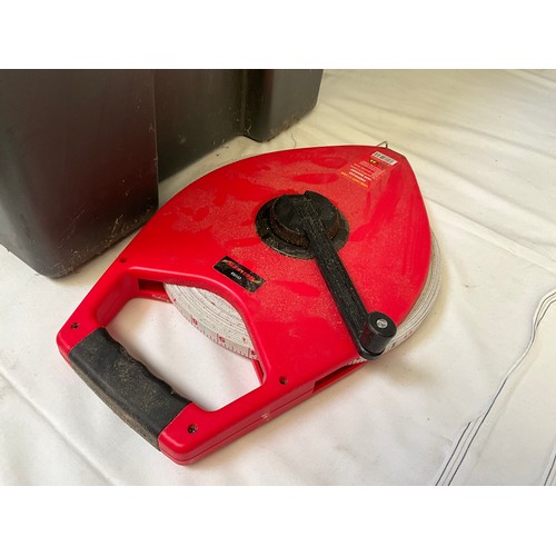 LARGE PLASTIC CARRYING CASE FULL OF TOOLS TO INCLUDE TAPE MEASURES ...