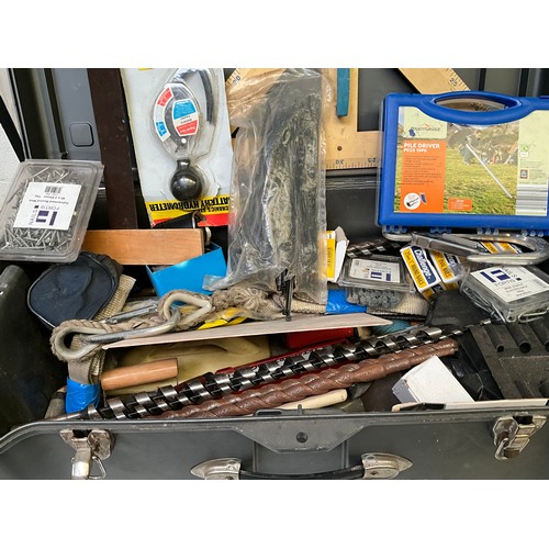 LARGE PLASTIC CARRYING CASE FULL OF TOOLS TO INCLUDE TAPE MEASURES ...