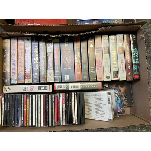 TWO LARGE BOXES OF VARIOUS VHS TAPES AND CDS
