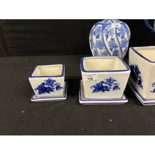 FLO BLUE TWIN HANDLE VASE,GINGER JAR AND 4 GRADUATED JARDINERES WITH ...