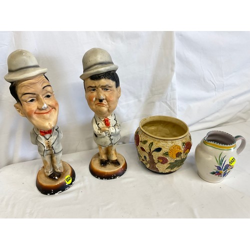 LAUREL AND HARDY FIGURES A/F JARDINERE AND POOLE POTTERY JUG WITH ...